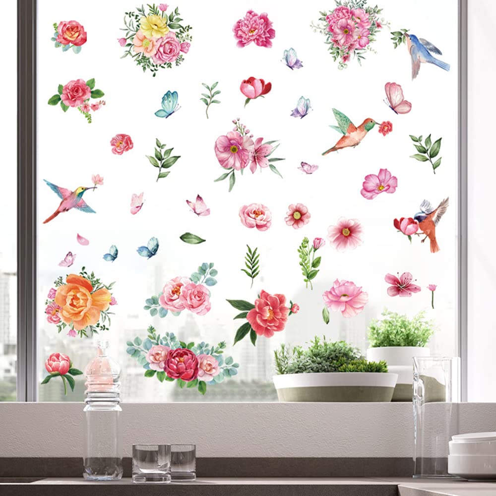 Spring Summer Flower Rose Window Clings,70 Pcs Spring Floral Birds Win
