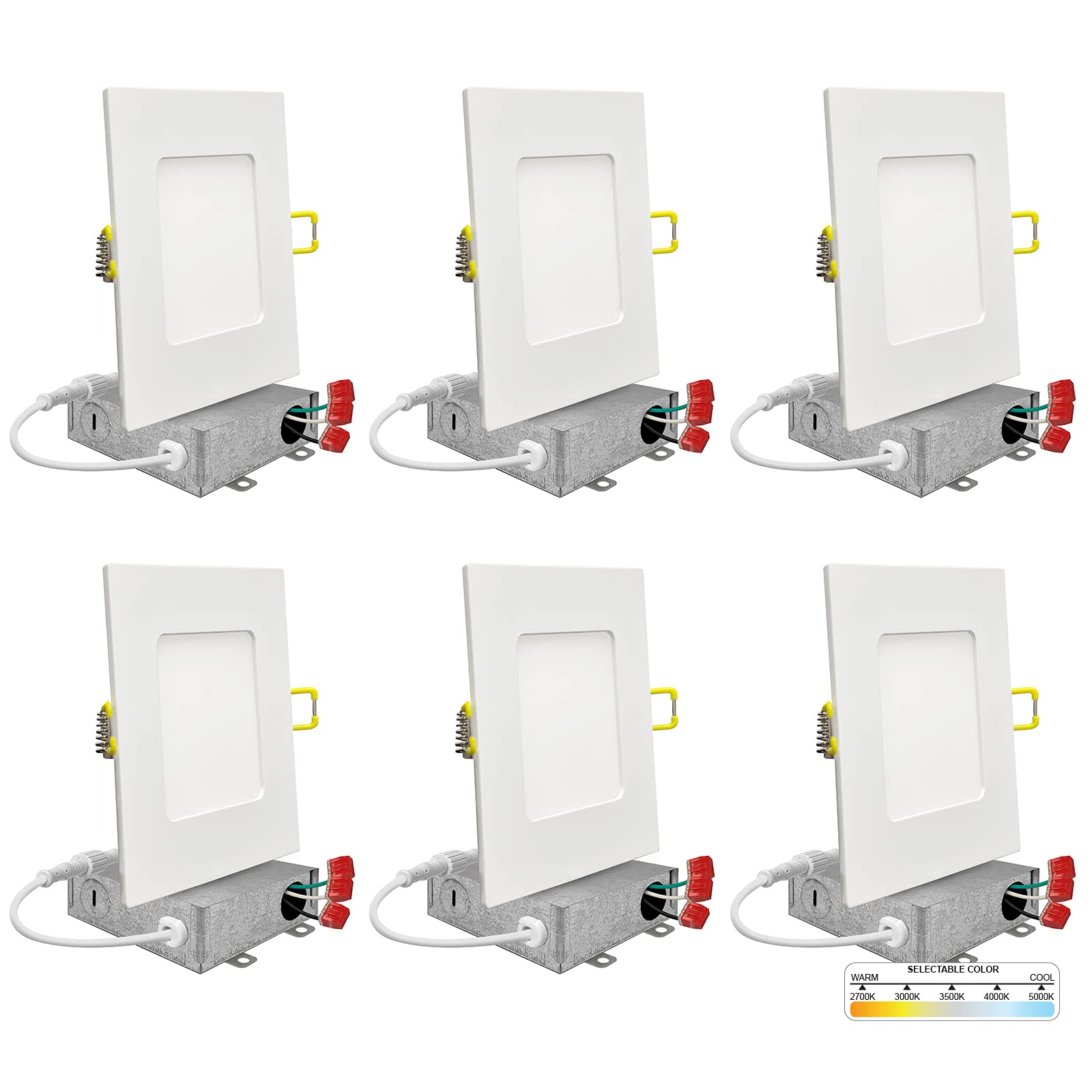 NUWATT 6 Pack 4 Inch Square Wafer LED Recessed Lighting, 5 CCT Selecta