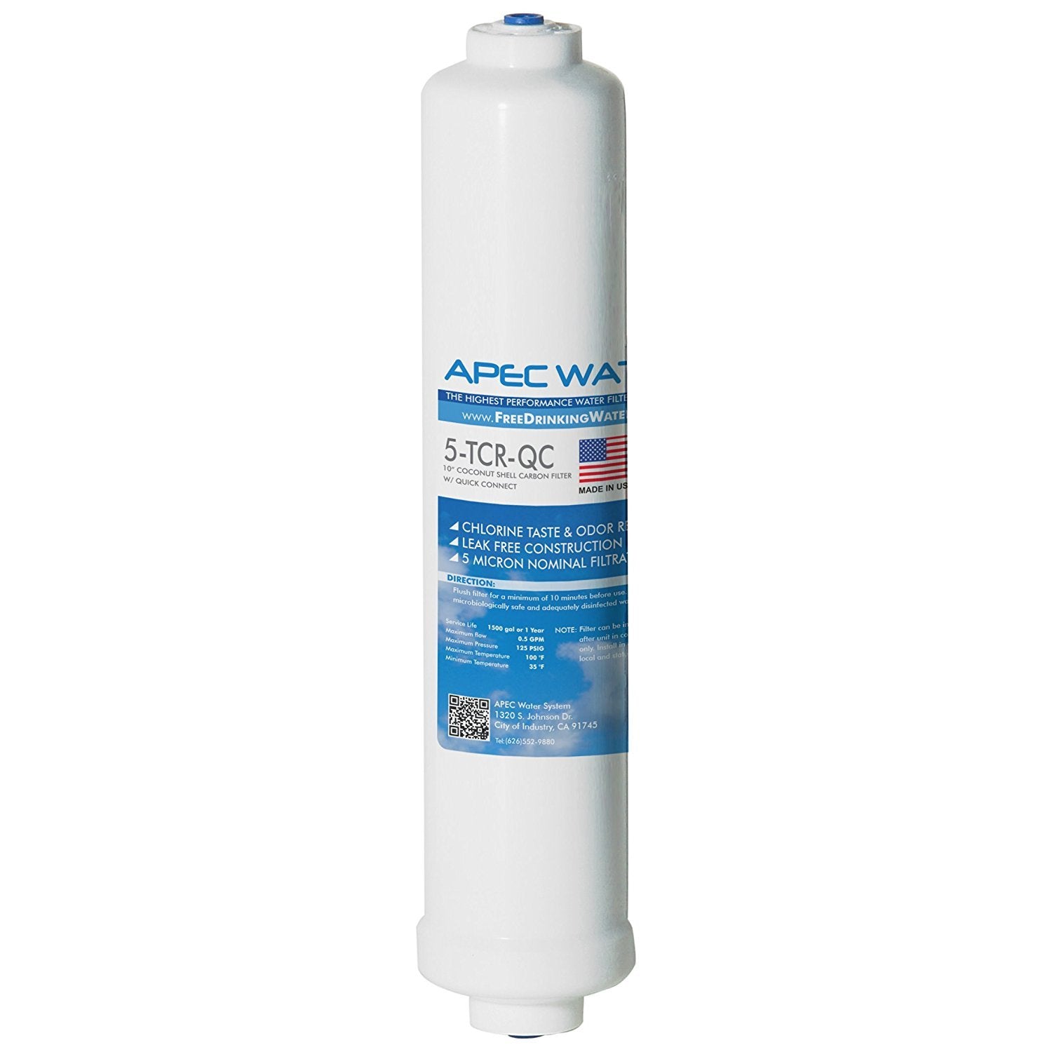 APEC Water Systems 5-TCR-QC US MADE 10" Inline Carbon Filter with ¼” Q
