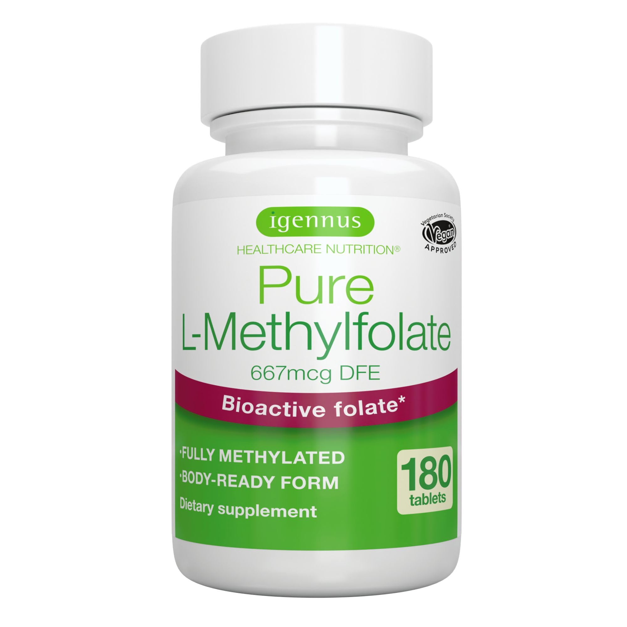 Pure Folate 400mcg, Optimized Methylfolate, Clean Label, 180 Small Tab