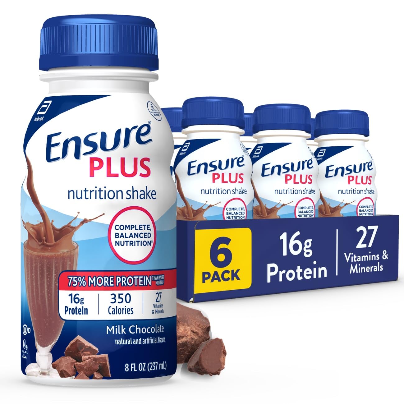 Ensure Plus Milk Chocolate Nutrition Shake, Meal Replacement Shake, 6
