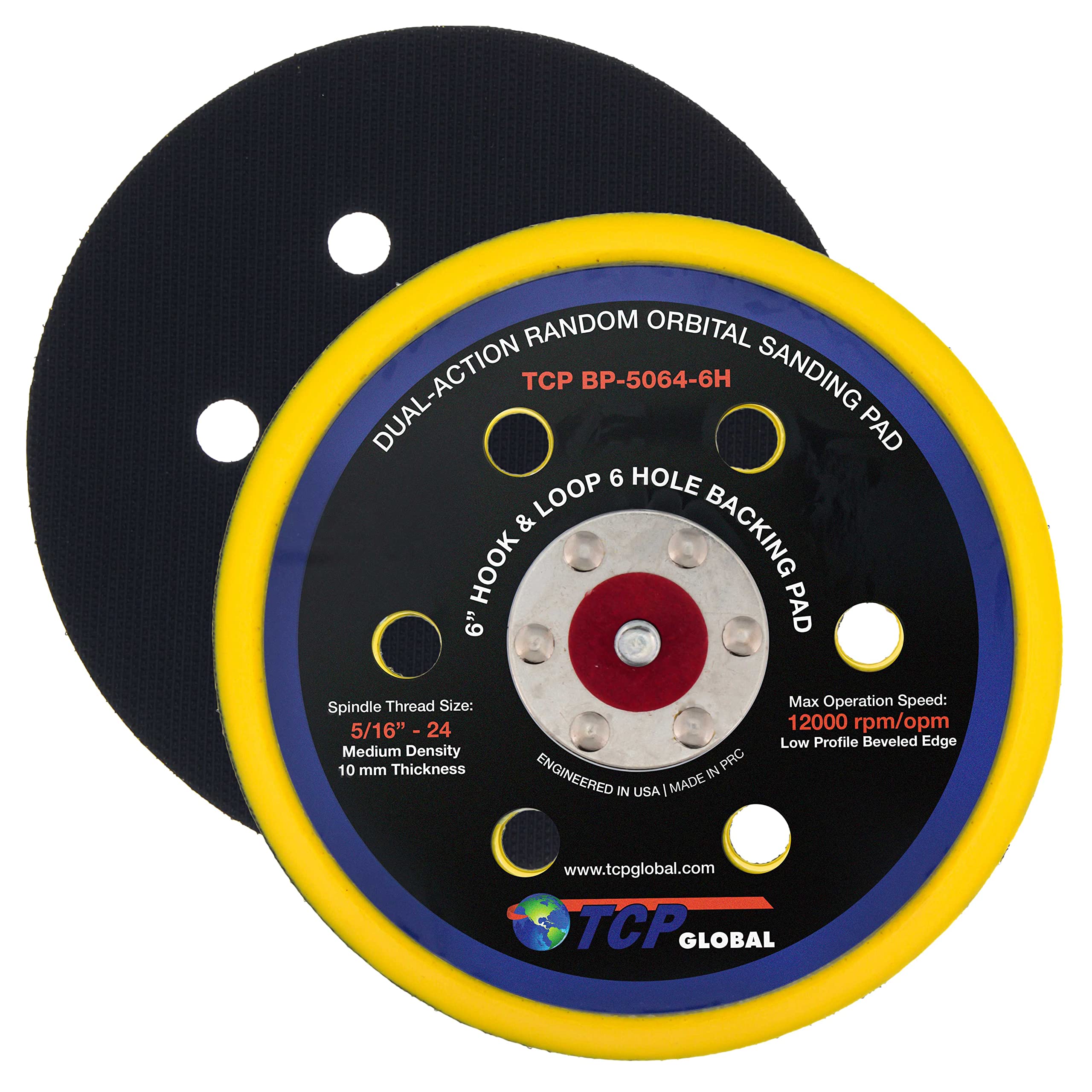 TCP Global 6" Hook & Loop DA Sander & Polisher Backing Plate Pad, 6 Ho