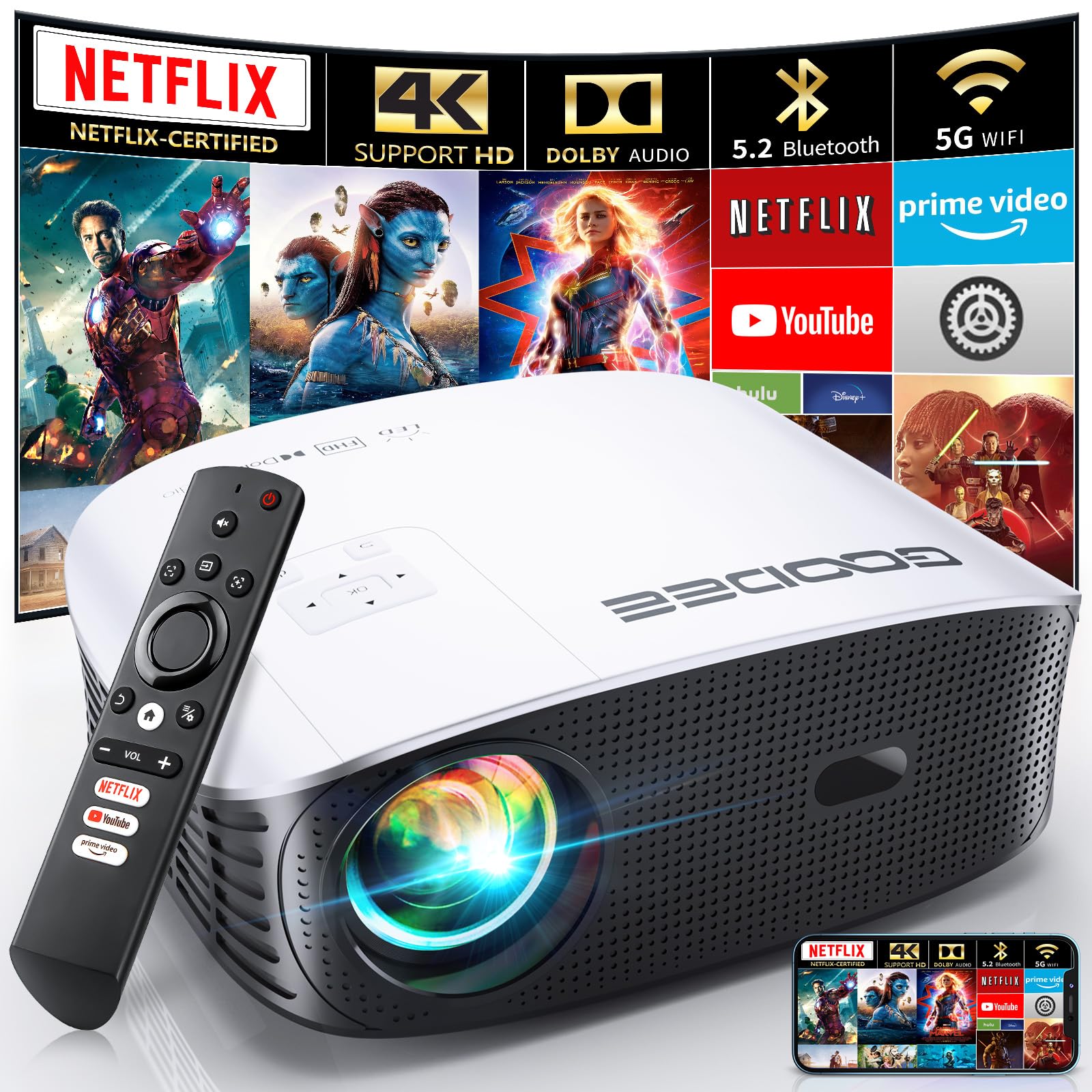 GooDee Smart 4K Projector with 5G WIFI and Bluetooth, Netflix/Amazn Pr