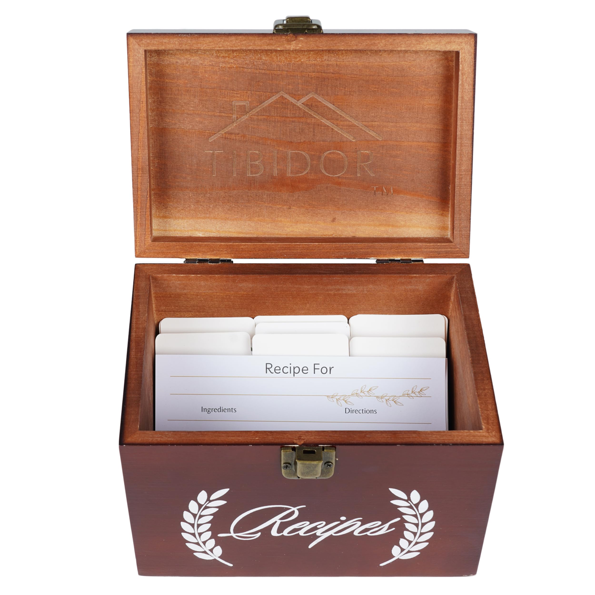 Lockable Wood Recipe Box with Cards and Dividers, 4x6 Recipe Box with