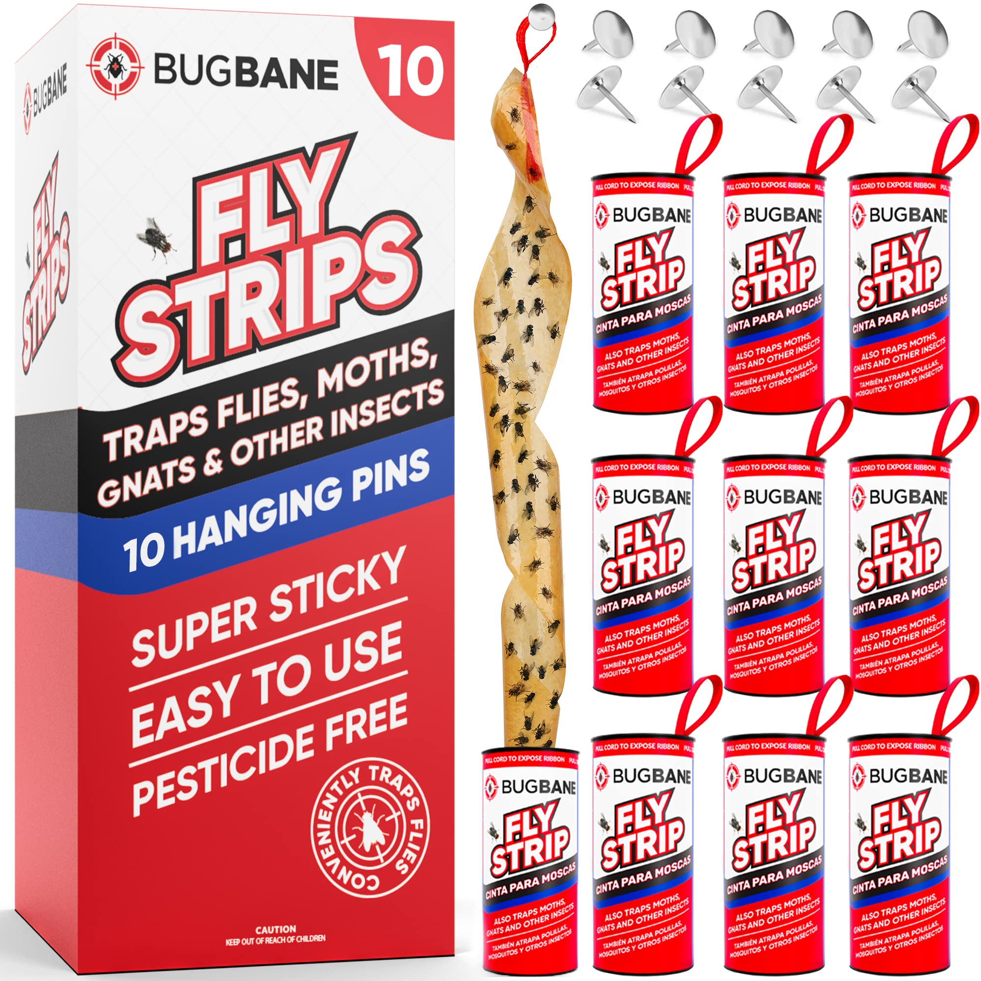 10 Fly Strips Indoor Sticky Hanging with Pins. Fly Trap Fly Paper Stri