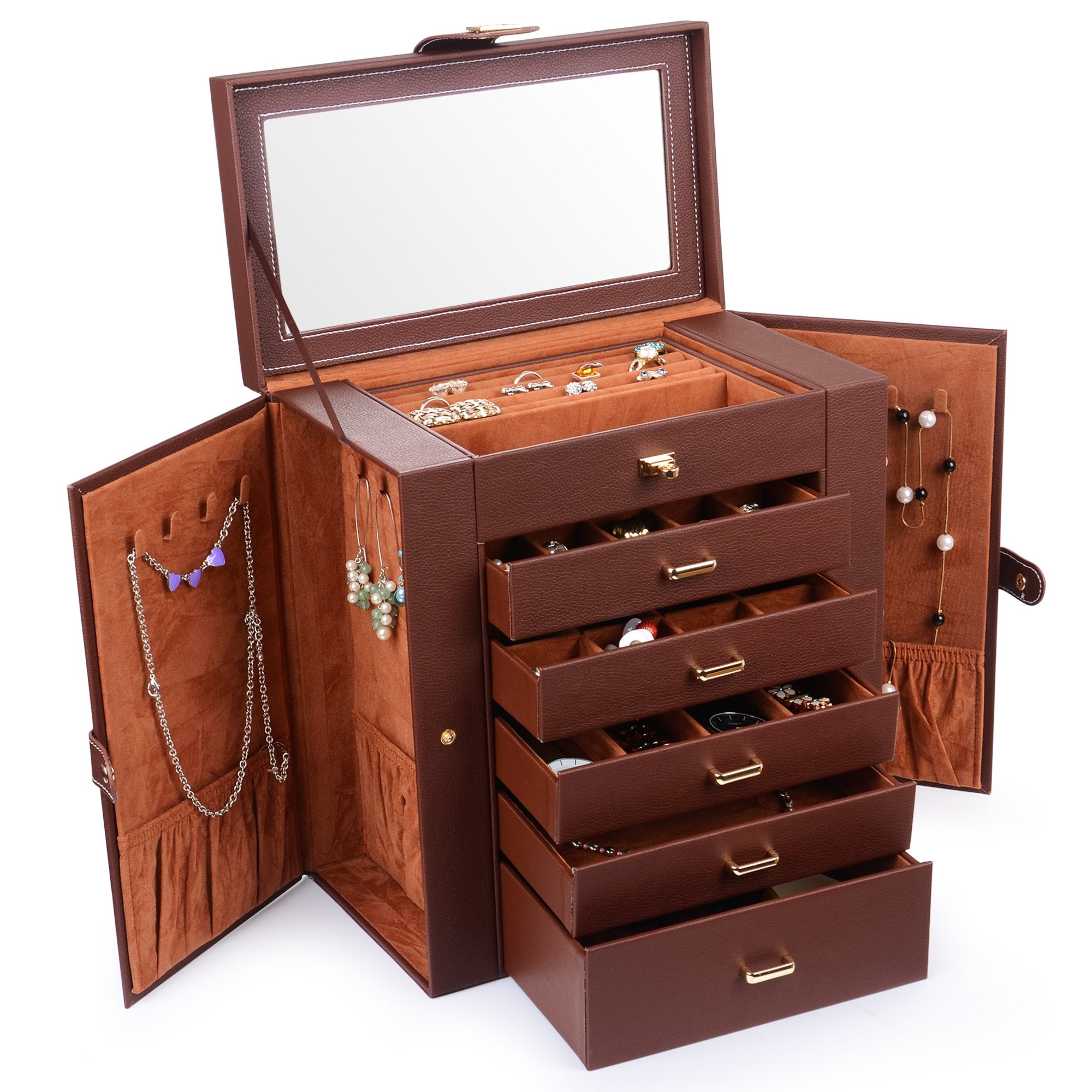 Kendal Extra Large Jewelry Box Jewelry Case PU Leather 6 Tier 5 Drawer